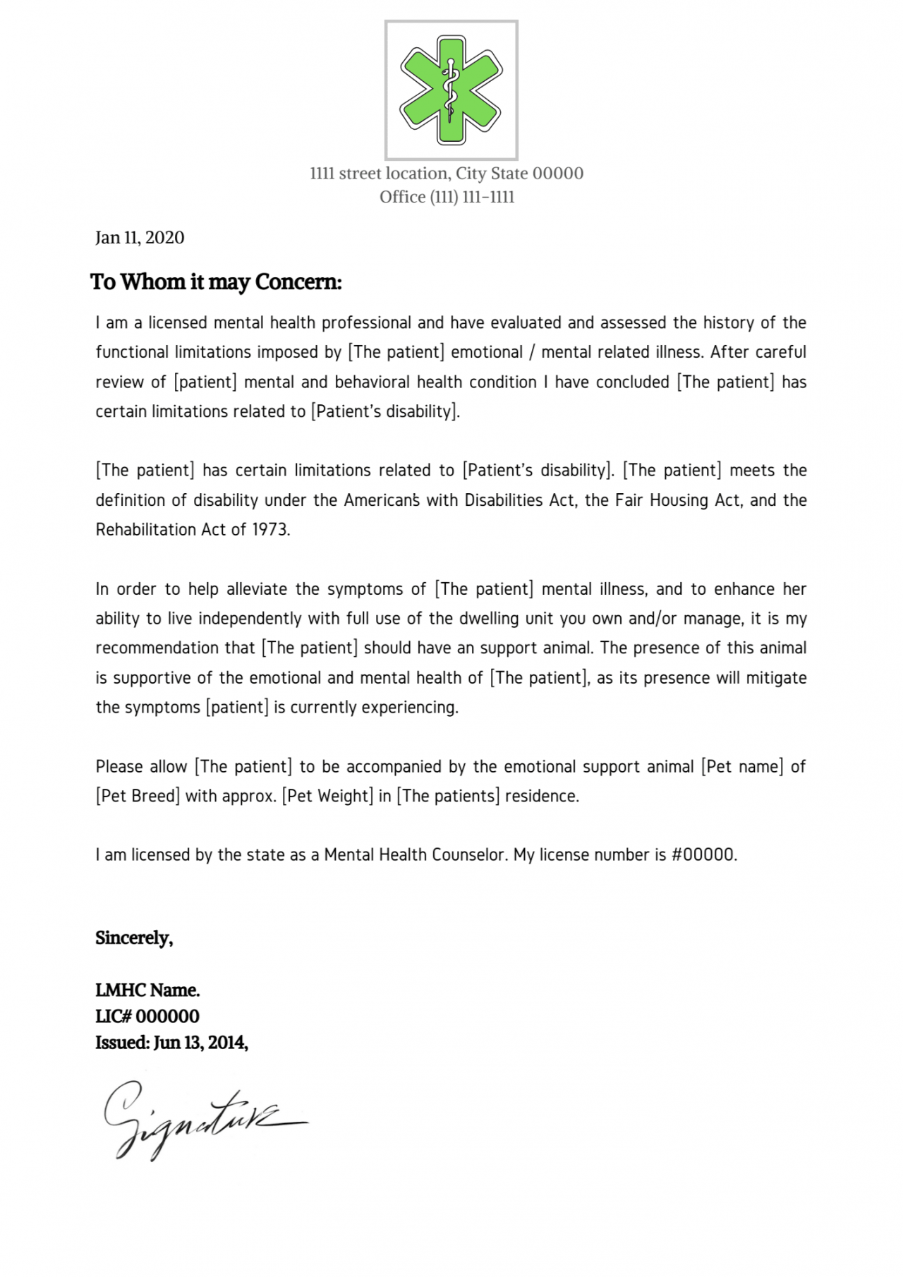Emotional Support Animal ESA Letter Sample Fast ESA Letter