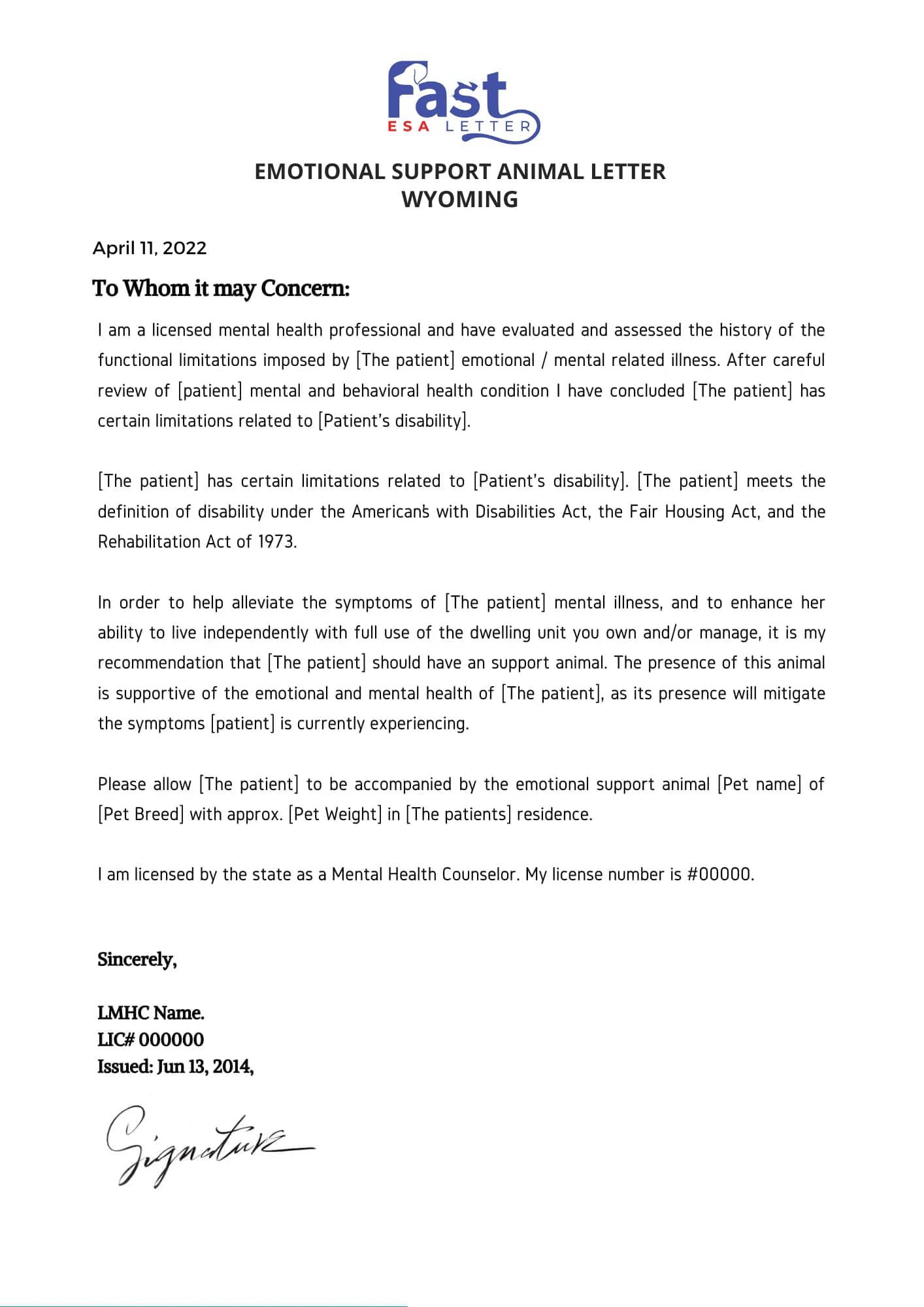 Get Your Legit Emotional Support Animal Letter In Wyoming Fast ESA Letter