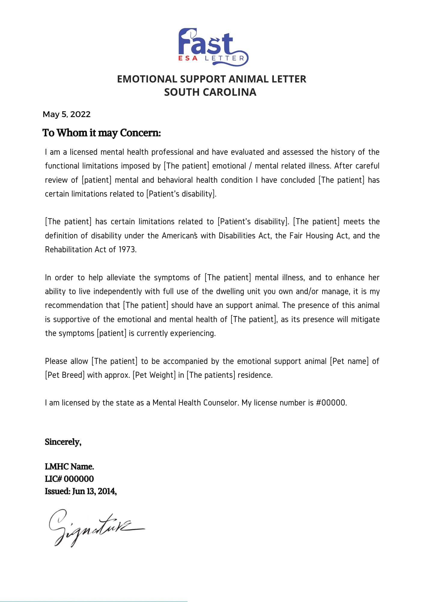 Get A Letter For South Carolina Emotional Support Animal Fast ESA Letter